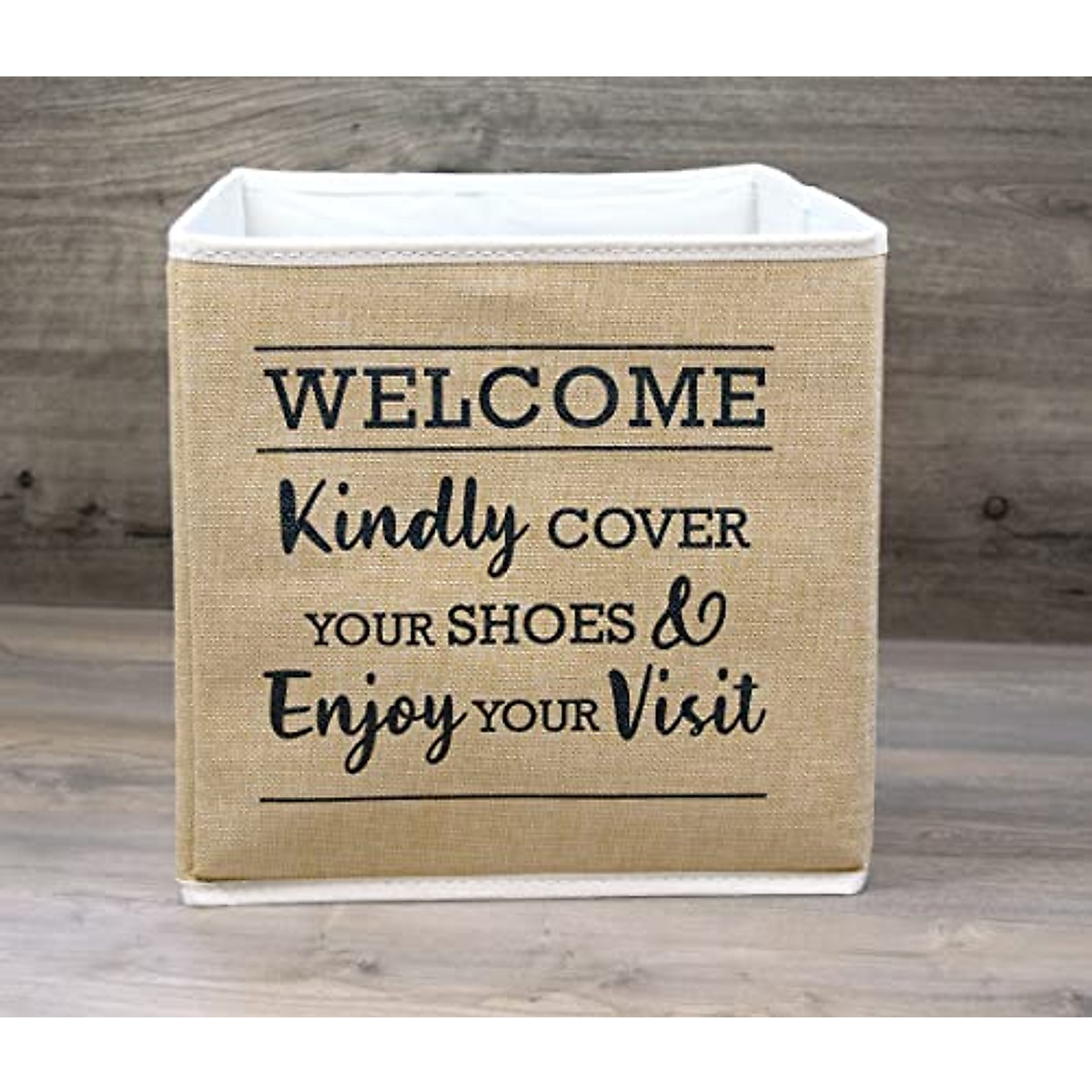 Premium Linen Look Foldable Shoe Cover Bin, Indoor Real Estate Bootie Box, Open House Supply with 10 Pack Shoe Covers and a Please Use Shoe Covers, Double Sided, Door Hanger (Linen Bin with 10 Pack Shoe Covers)