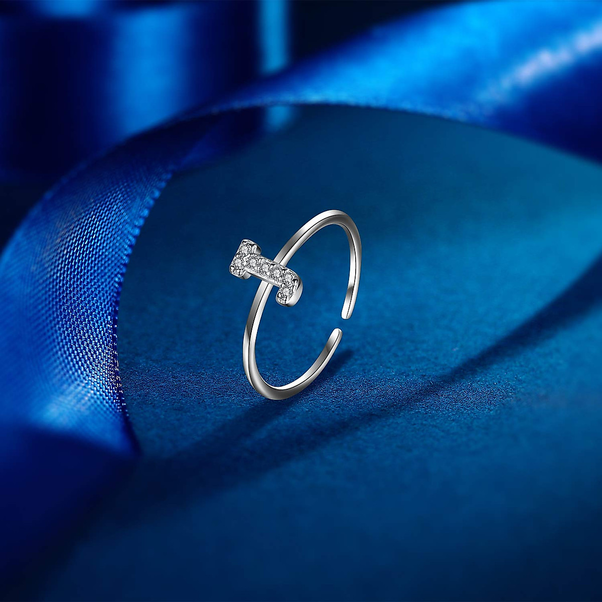 EleQueen 925 Sterling Silver CZ Initial Letter J Ring for Women Girls, Adjustable Stackable Ring for Engagement Wedding