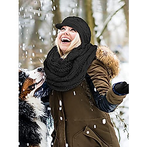 URATOT 3 Pieces Winter Beanie Hat with Brim Scarf Glove Warm Cap with Visor Knitted Touch Screen Glove Gifts for Women