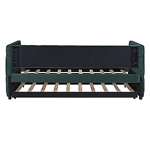 Merax Twin Size Tufted Upholstered Daybed with Trundle, Velvet Sofabed with Rivet Design, No Box-Spring Needed,Green