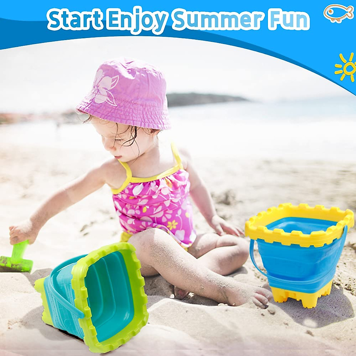 7 PCS Castle Foldable Beach Sand Buckets Toy Set with Shovels Scoop Sifter for Kids, 3L Silicone Collapsible Bucket Pails for Toddler, Summer Toy, Sandbox Kit Camping Gear Beach Essential Gift