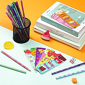 Gueevin 60 Pcs Scented Pencils and Scented Bookmarks for Kids Bulk Set Fun Pencils Cool Fruit Food Theme Scratch and Sniff Bookmarks for Students Girls Boys School Classroom Reward Birthday Supplies