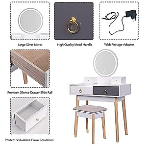 Bituman Makeup Vanity Set with 3-Color Dimmable Lighted Mirror, Bedroom Makeup Dressing Table with Cushioned Stool Modern Vanity Desk with 4 Drawers for Girls Women, White+Gray