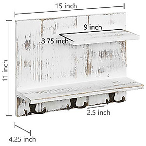 MyGift Shabby Whitewashed Wood Wall Mounted Storage Organizer Shelf with 6 Hooks
