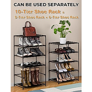 NiHome 10-Tier Tall Shoe Rack with Dustproof Waterproof Cover, Compact Narrow Shoe Rack Free Standing Shoe Storage Organizer for Closet Entryway, Metal Structure Vertical Shoe Shelf Tower, Black