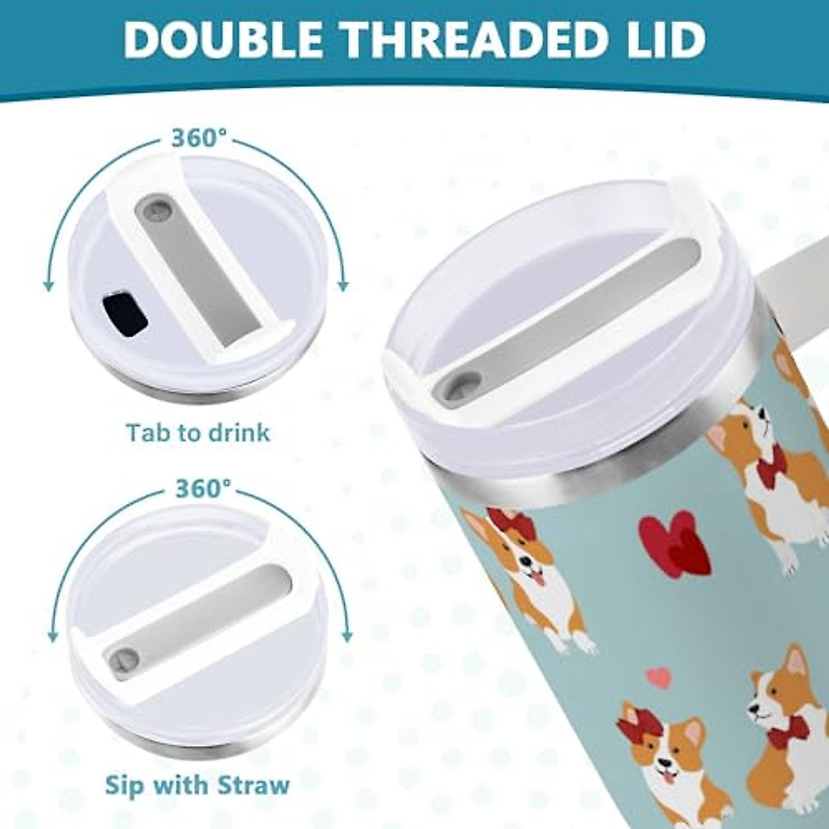 MCHIVER Corgis Dog Hearts 40 oz Tumbler with Handle and Straw Stainless Steel Vacuum Water Bottle Leak-proof Travel Coffee Mug Insulated Cup for Home Office Car