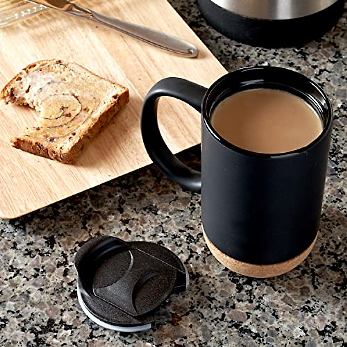 Cork Base Ceramic Mug with Lid (Set of 2) - 17 oz. Oversized Coffee Mugs Set with Removable Insulated Cork Bottom & Spillproof Lids - Great for Tea & Hot Cocoa - Wash in Dishwasher - BLACK