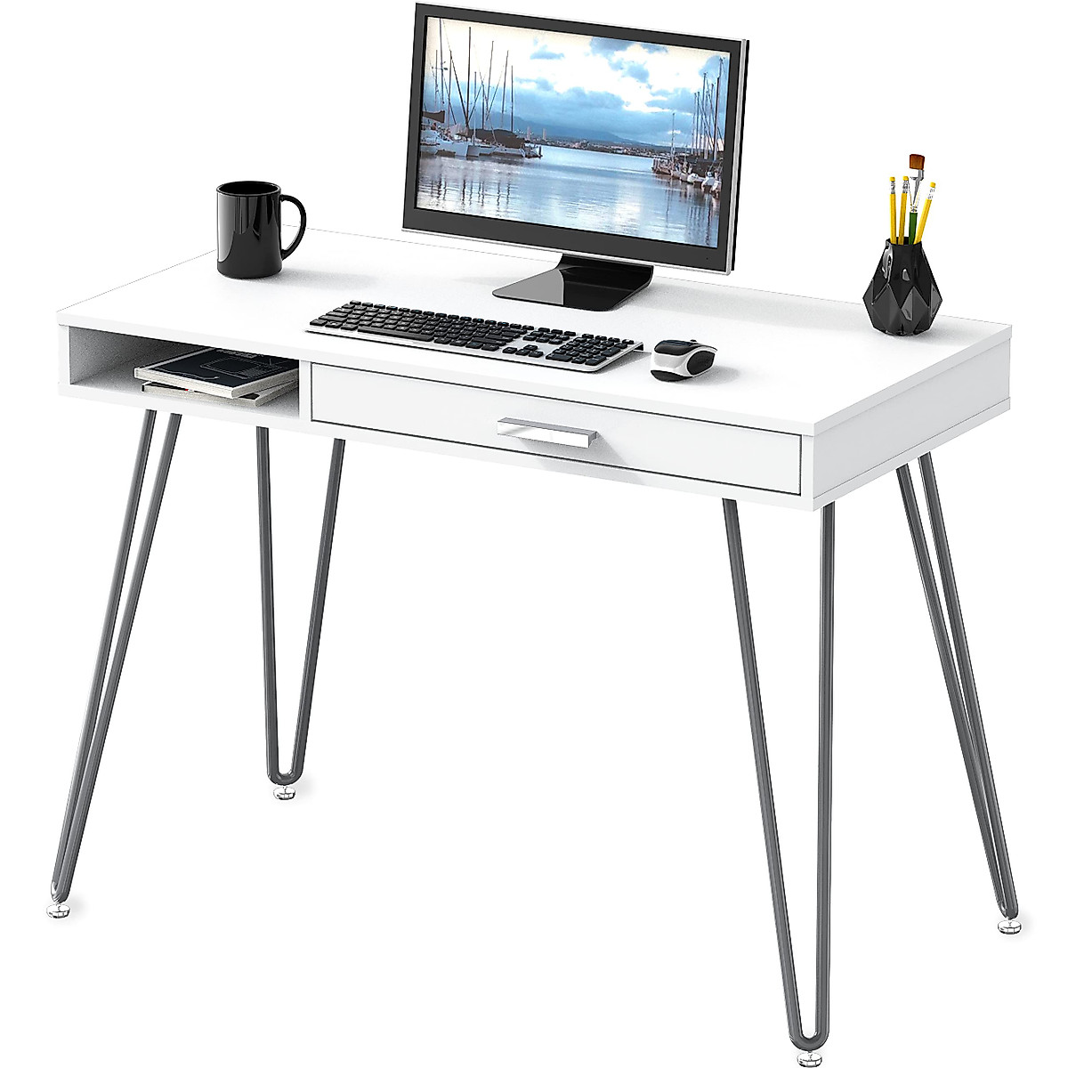 SHW Home Office Computer Hairpin Leg Desk with Drawer, White