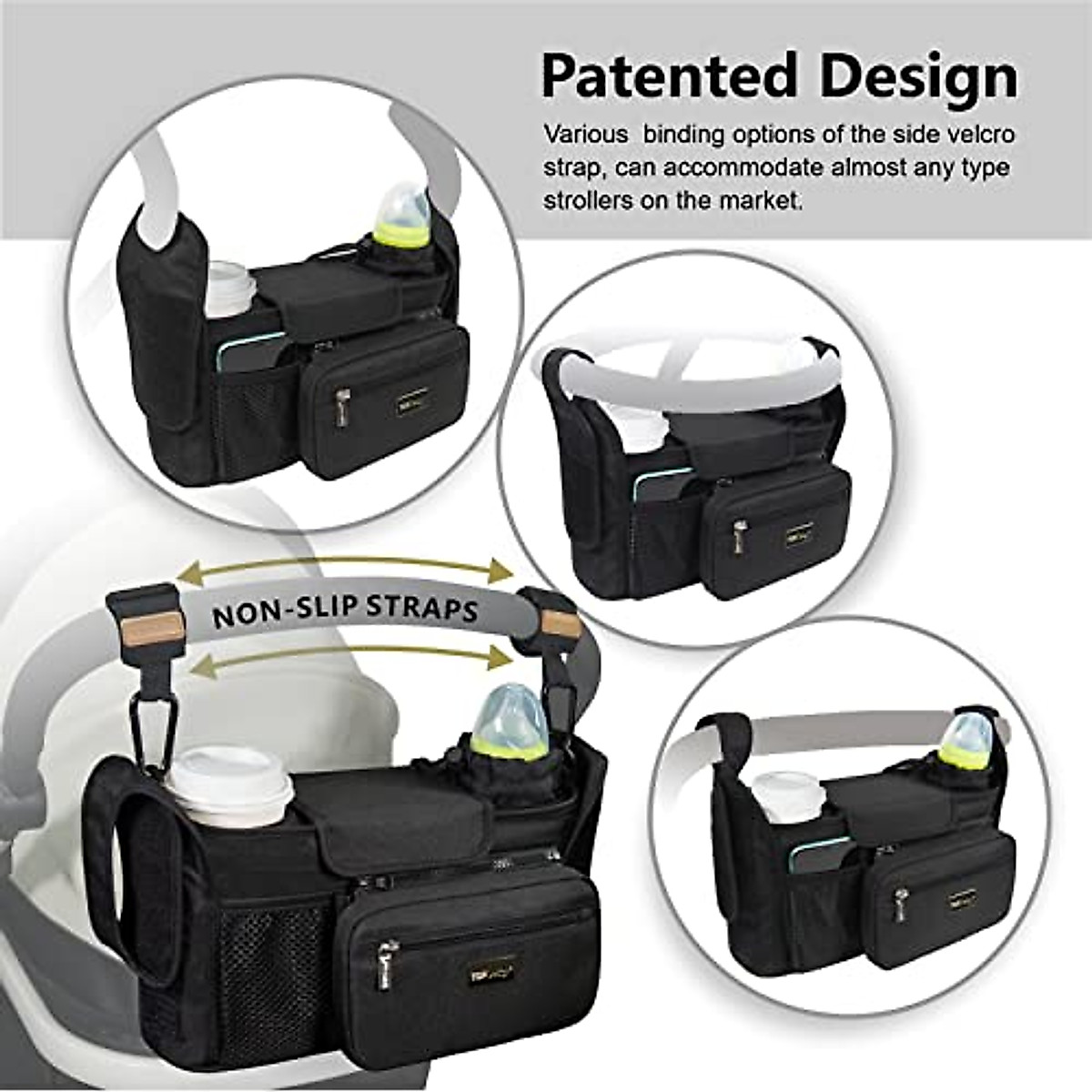 TOPDesign Universal Baby Stroller Organizer, Stroller Caddy with Heightened Insulated Cup Holders & Non-Slip Secure Hooks Accessories, Fits Most Strollers, Machine Washable (Black)
