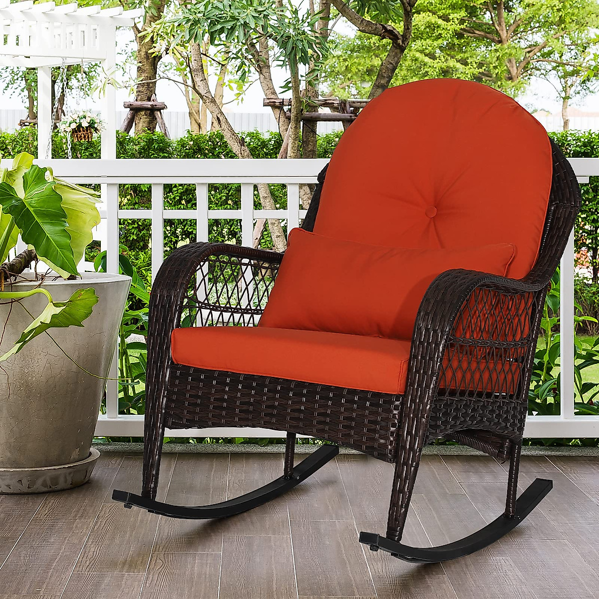 MEDIMALL Outdoor Wicker Rocking Chair, Patio Rattan Rocker w/Lumbar Pillow, Padded Seat & Back Cushions, Metal Frame, Mix Brown Wicker Furniture for Balcony, Porch, Deck, Backyard (Red)