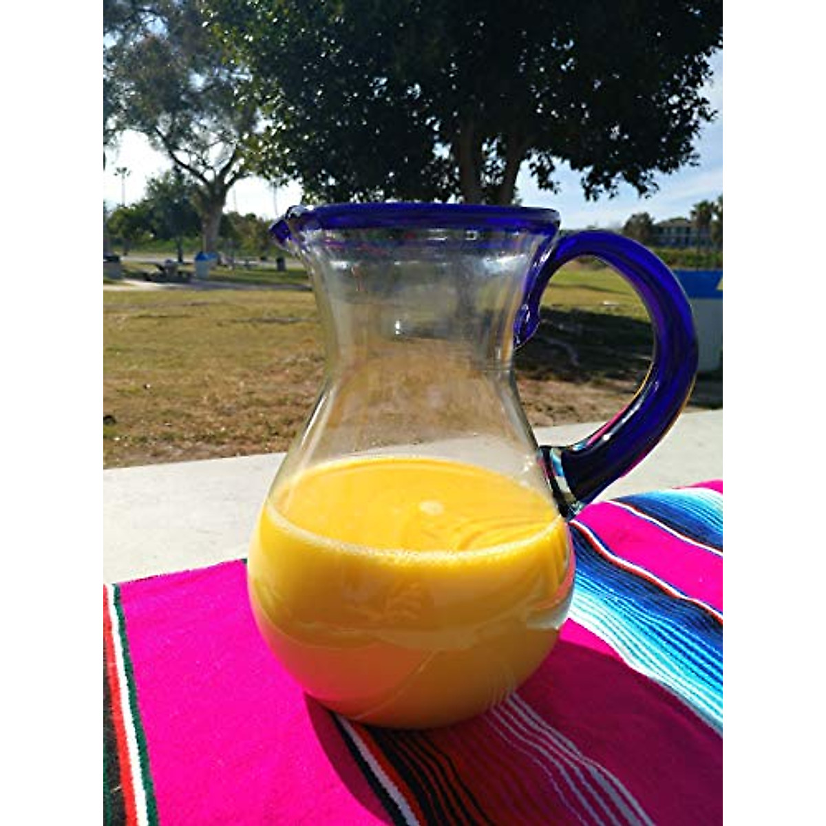 Mexican Hand Blown Glass Pitcher – Cobalt Blue Rim and Handle (84 oz)