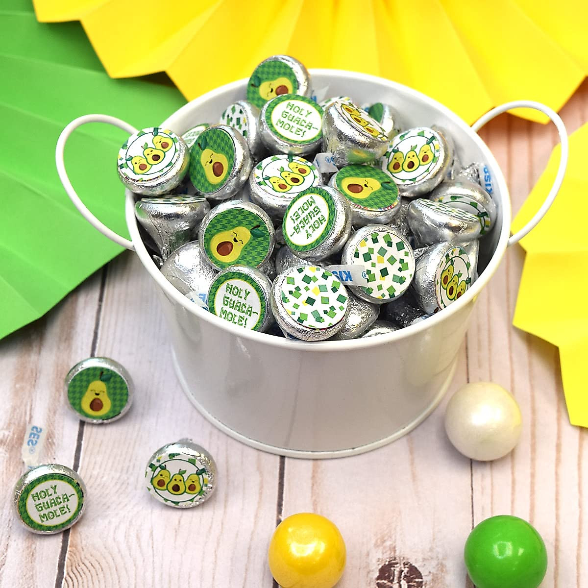 Holy Guacamole Trio of Avocados Birthday Kiss Sticker Labels for Kids, 300 Party Circle Sticker Sized 0.75” for Chocolate Drop Kisses by AmandaCreation, Great for Favors, Treats, Envelopes & Bags