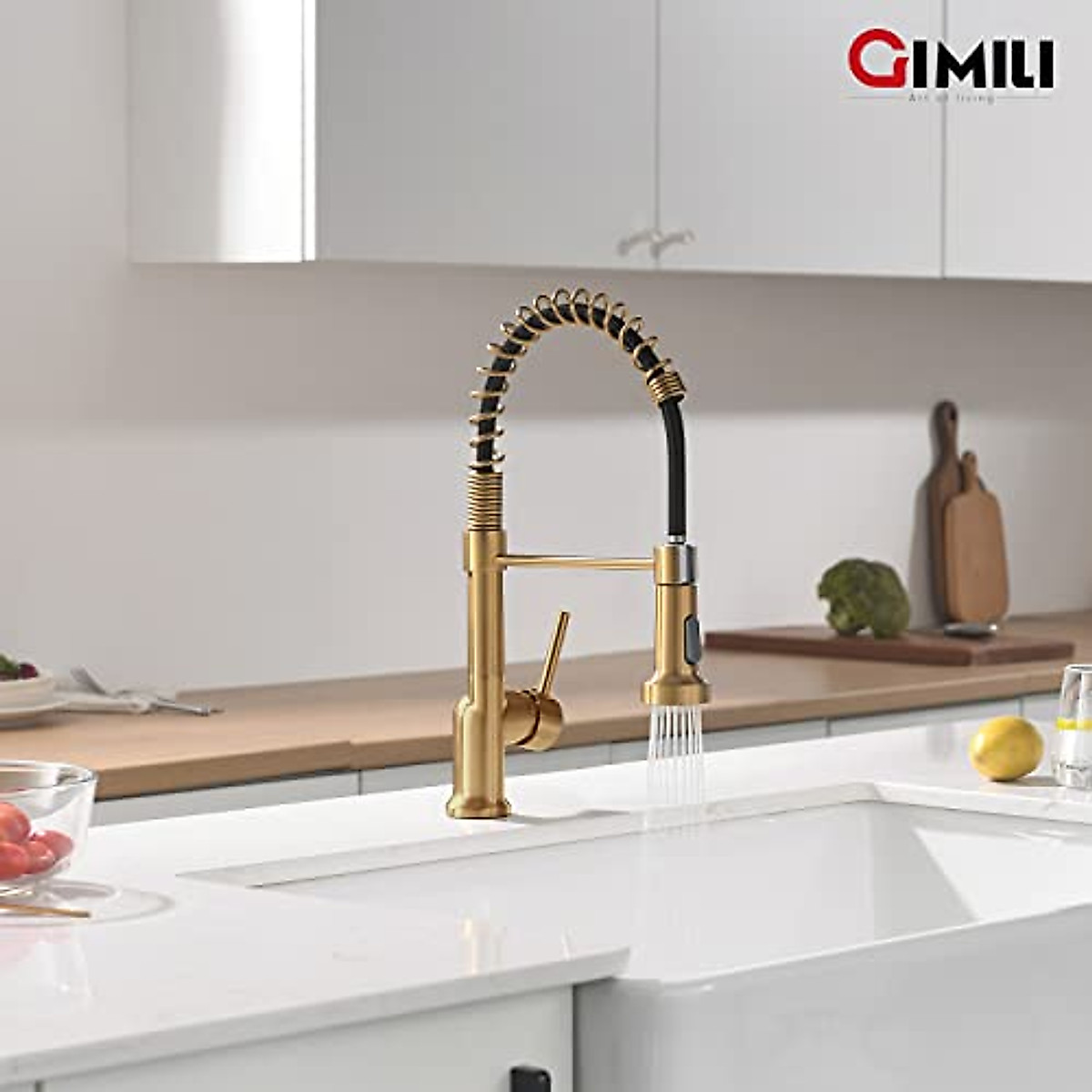 GIMILI Brushed Gold Kitchen Faucet with Pull Down Sprayer Brass Single Handle Spring Kitchen Faucets, RV Farmhouse Utility Bar Laundry Faucet for Kitchen Sink