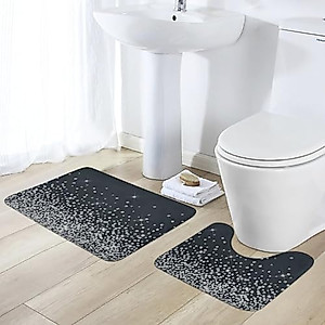 Bathroom Rug Set 2 Piece Black Silver Glitter Diamond Sparkly Bath Rugs and U-Shaped Contour Toilet Rug, Non-Slip Bath Carpet Bath Mats for Bathroom 15.7"x23.6"