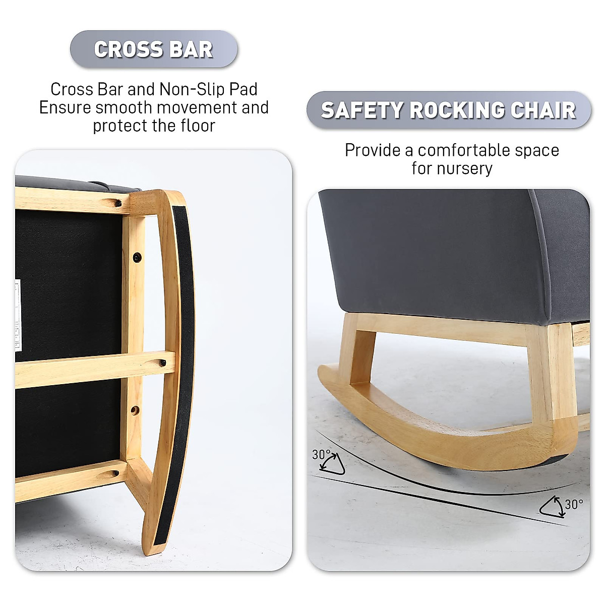 OUYESSIR Rocking Chair for Nursery, Upholstered High-Back Accent Arm Chair, Comfortable Rocker Fabric Padded Seat, Modern Leisure Single Glider Chair for Living Room, Hotel, Bedroom (Grey)