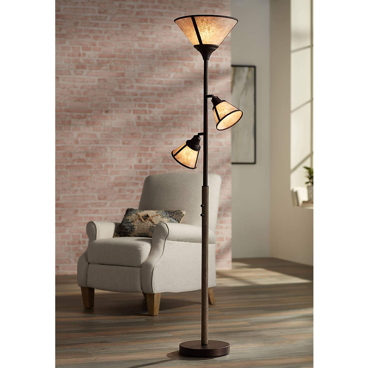 Franklin Iron Works Plymouth Rustic Farmhouse Torchiere Floor Lamp Standing 3-Light Dimmable 72" Tall Bronze Faux Wood Metal Mica Cone Shade Decor for Living Room Reading House Bedroom Home Office