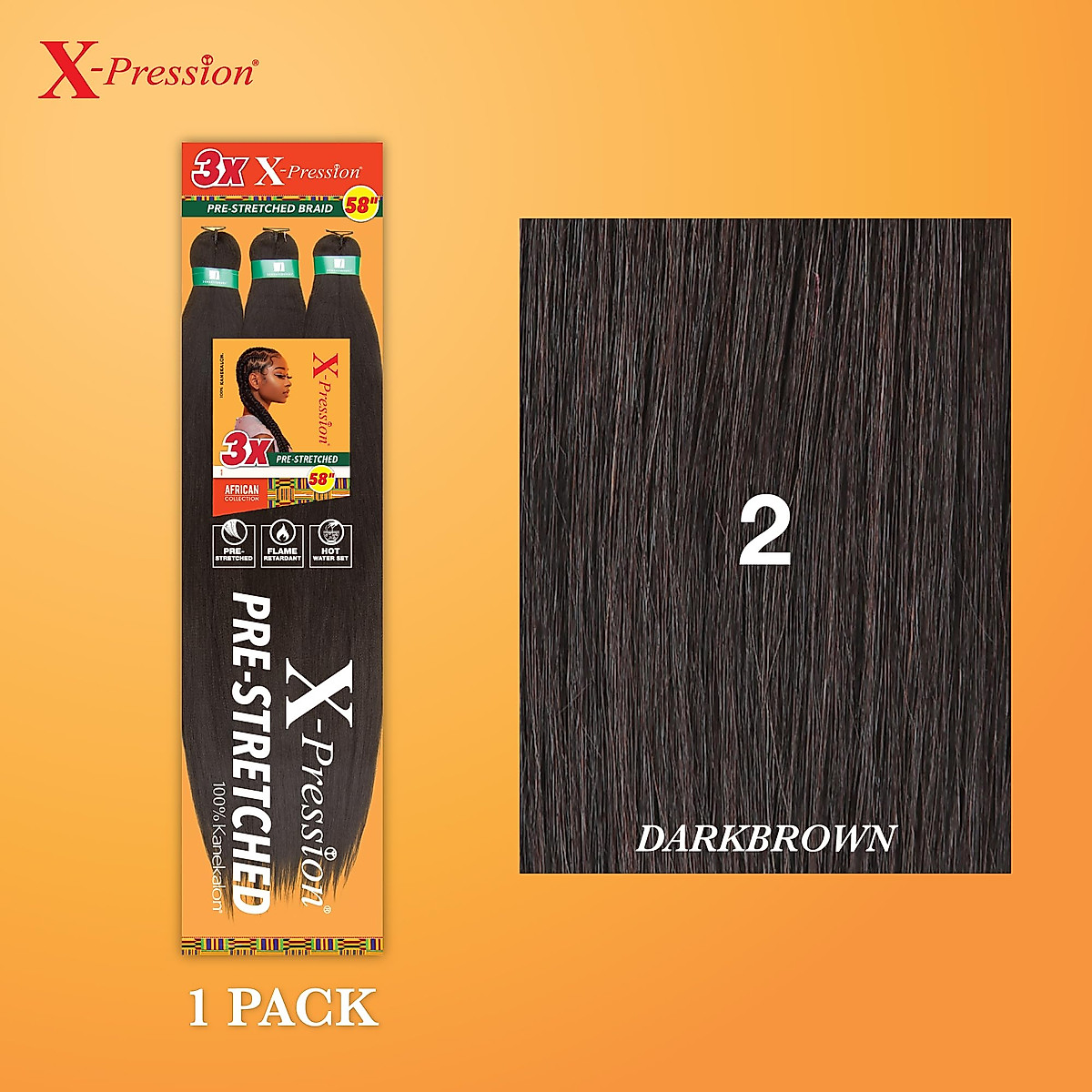 Sensationnel X-pression prestretched braiding hair - 3x braid 58 inch all kanekalon flame retardant synthetic braid for box braids and twists (1 pack, 2 DARKBROWN)