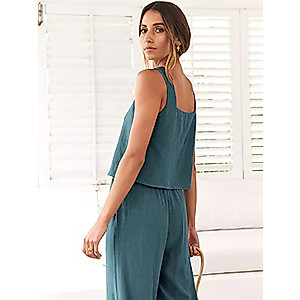 ANRABESS Women's Two Piece Outfits Summer Vacation Cruise Resort Wear 2023 Clothes Casual Linen Tank Crop Top Wide Leg Pants Matching Lounge Set Jumpsuit 732qinglan-L