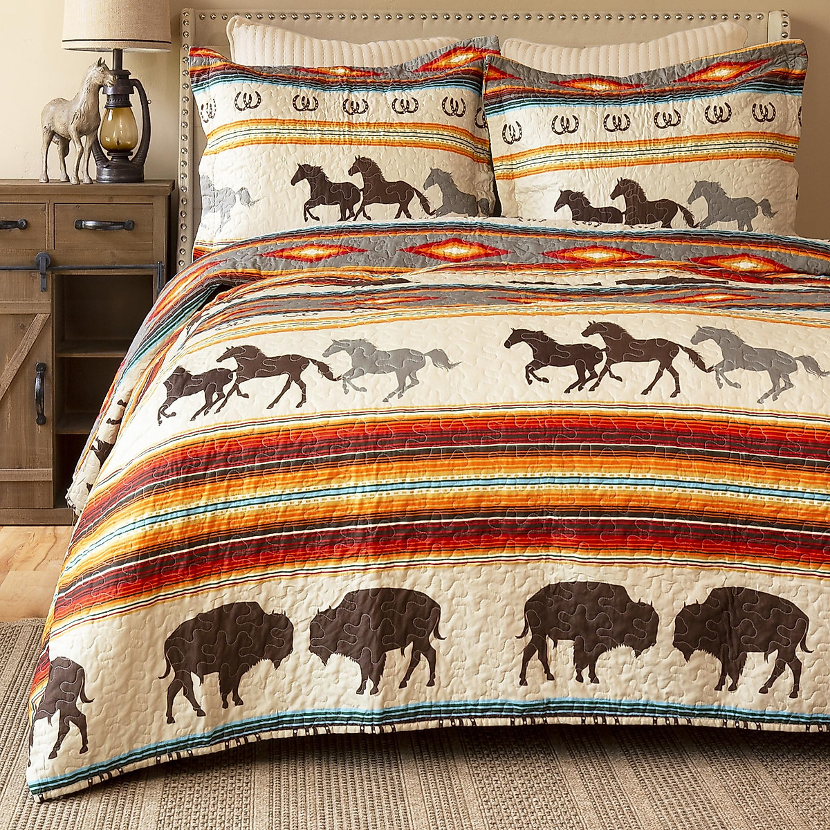 CARSTENS, INC. Western Aztec Country Bedding Set, Southwestern Microfiber Quilt Set, Wrangler Western Stripe, King