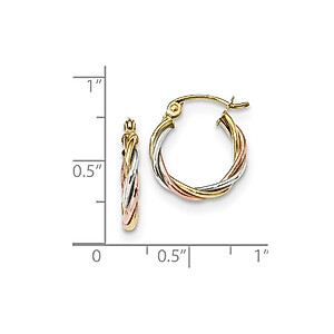 Solid 10k Yellow White and Rose Gold Three Color 2.5mm Twisted Hoop Earrings - 16mm x 14mm