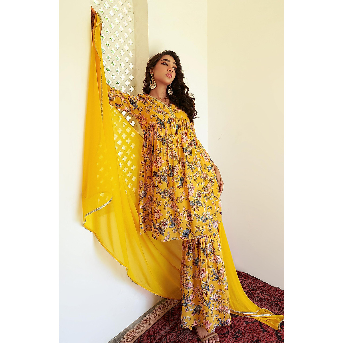 Janasya Indian Women's Yellow Georgette Digital Floral Printed Kurta with Sharara and Dupatta