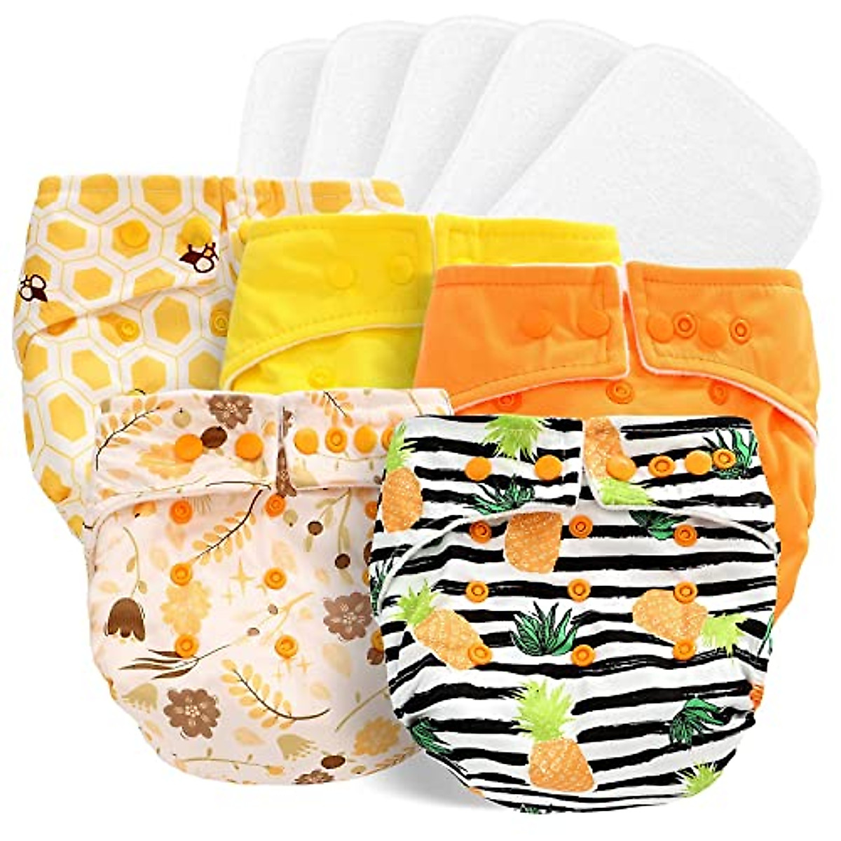 Baby Cloth Diapers One Size Adjustable Washable Reusable Pocket Diapers for Baby Girls and Boys 5 Packs +5 Microfiber Inserts (Yellow Orange)