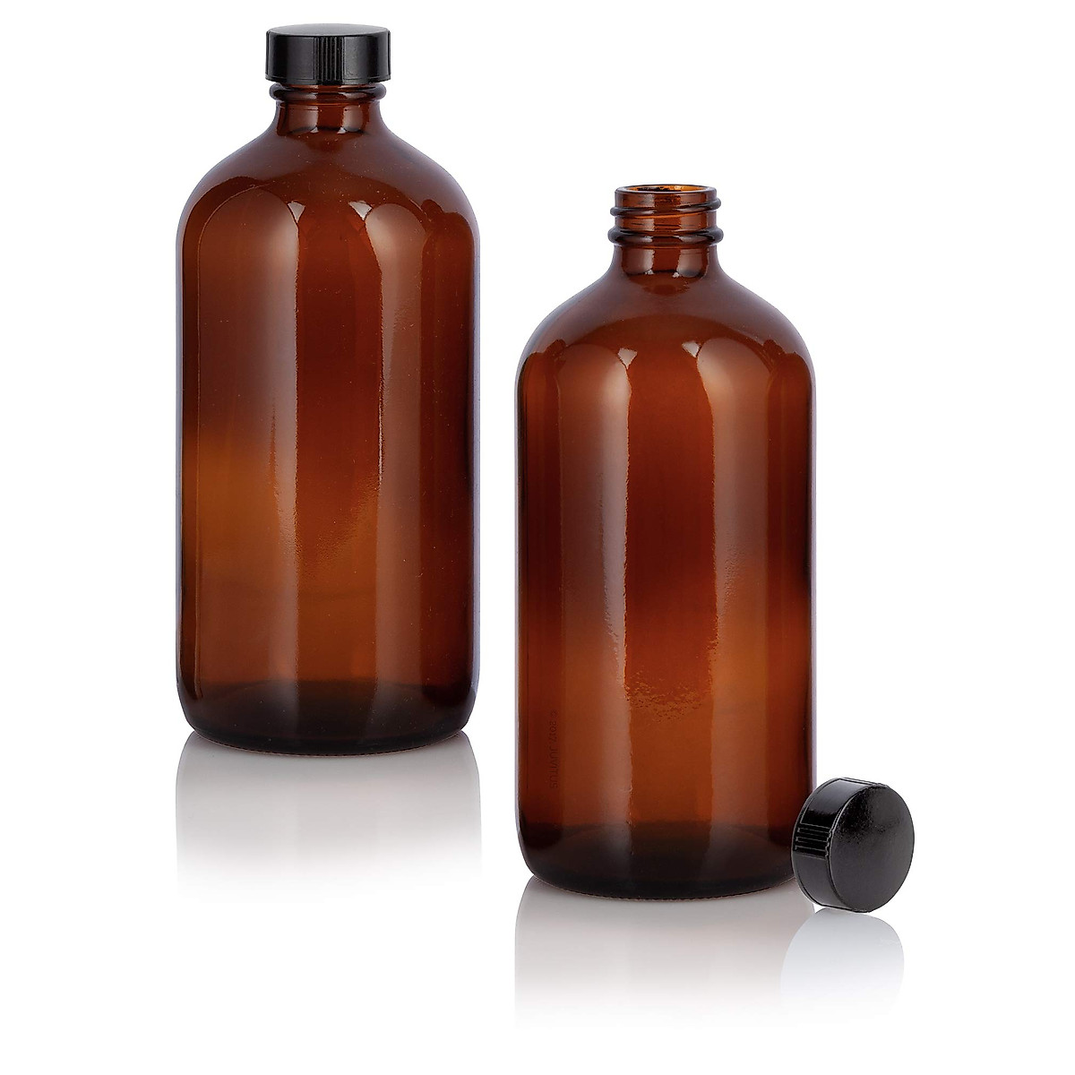 JUVITUS 16 oz Amber Glass Boston Round Bottle with Airtight Black Phenolic Cap (2 Pack)