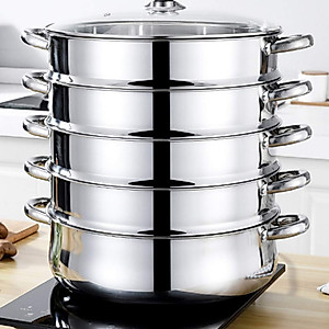 Yardwe Scarab Hot Pot 5 Steamer Pans Tier Premium Stainless Steel Steamer Set Cookware Pot Sauce Pot Multi-Layer steam Food Pot Boiler Steamer cookware (28cm) Aluminum Steamer Pot