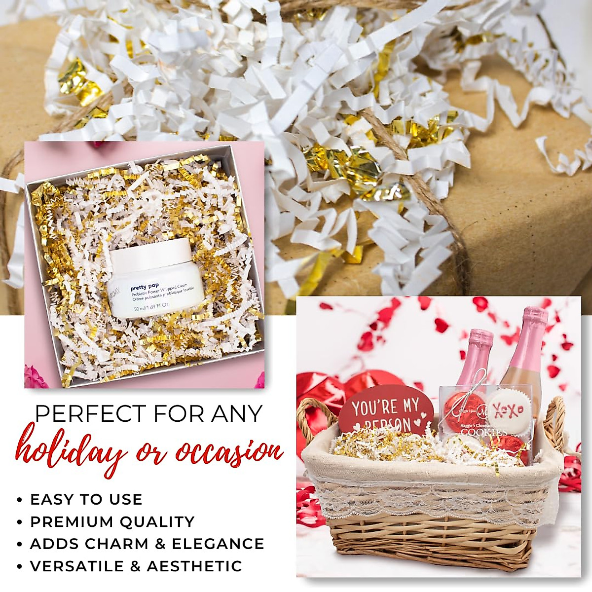 MagicWater Supply Crinkle Cut Paper Shred Filler (4 oz) for Gift Wrapping & Basket Filling - White & Gold