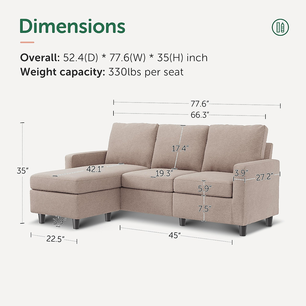 HONBAY L Shaped Couch with Linen Fabric,Convertible, Reversible Sectional Sofa for Small Space, Dark Beige