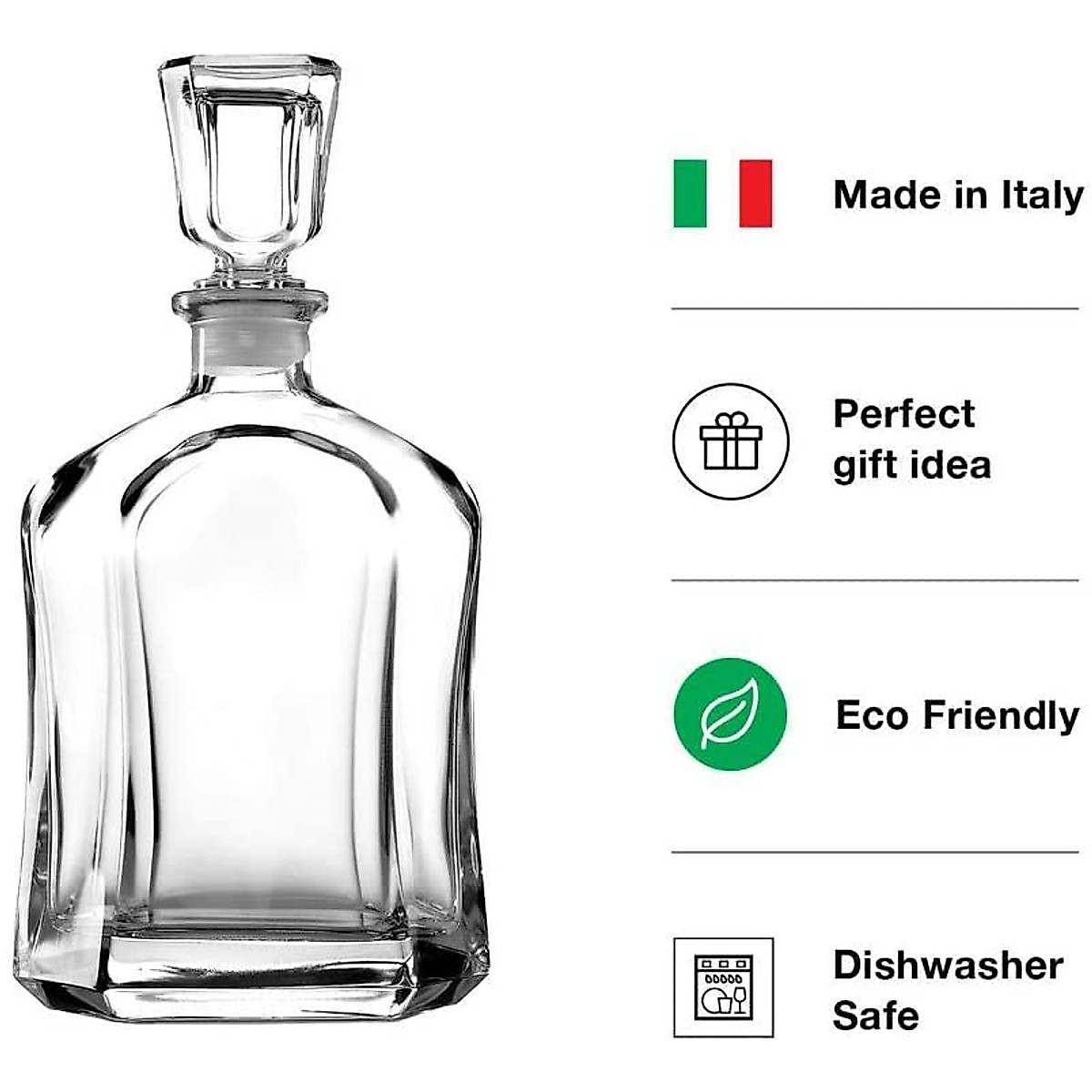 Whiskey Decanter Set with Whiskey Glasses and Airtight Stopper for Vodka, Bourbon, Brandy. Italian Glass | 23.75oz with 2 pack 11oz glasses, Made in Italy