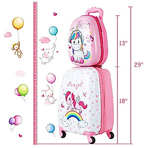HONEY JOY 2 Pcs Kids Carry On Luggage, 12" School Backpack & 17" Rolling Suitcase, Waterproof Hard Shell Travel Case with Spinner Wheels, Gift for Boys Girls Overnight Travel, Pink Unicorn