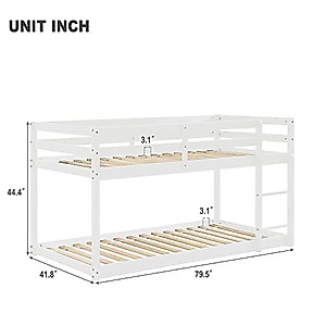 Senviy Twin Over Twin Floor Bunk Bed with and Guardrail,Wooden Bed Frame for Girls and Boys for Bedroom,No Spring Box Needed (White)