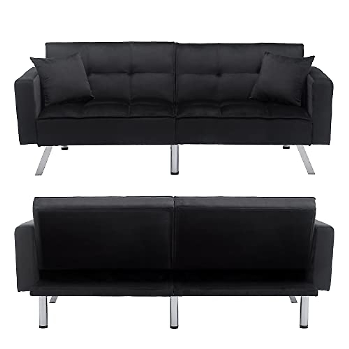 civama Futon Sofa Bed, 74" Modern Velvet Convertible Folding Lounge Couch, Upholstered Twin Size Sleeper Sofa with Arm 2 Pillows Split Back Design and Silver Metal Legs for Compact Space, Black