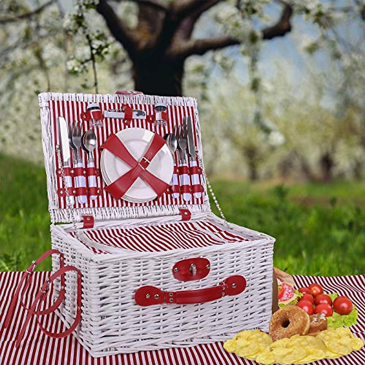 Picnic Basket for 4 Person Wicker Picnic Hamper with Waterproof Blanket, Insulated Cooler Compartment & Tableware Set (White/Red)