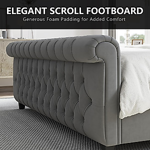 AMERLIFE King Size Platform Bed Frame, Velvet Upholstered Sleigh Bed with Scroll Wingback Headboard & Footboard/Button Tufted/No Box Spring Required/Grey