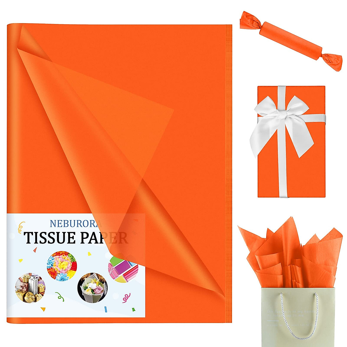 NEBURORA Orange Tissue Paper for Gift Bags 60 Sheets Orange Wrapping Tissue Paper Bulk 14 X 20 Inch Bright Orange Packaging Paper for Gift Wrap Filler Art Crafts DIY Birthday Wedding Halloween Party