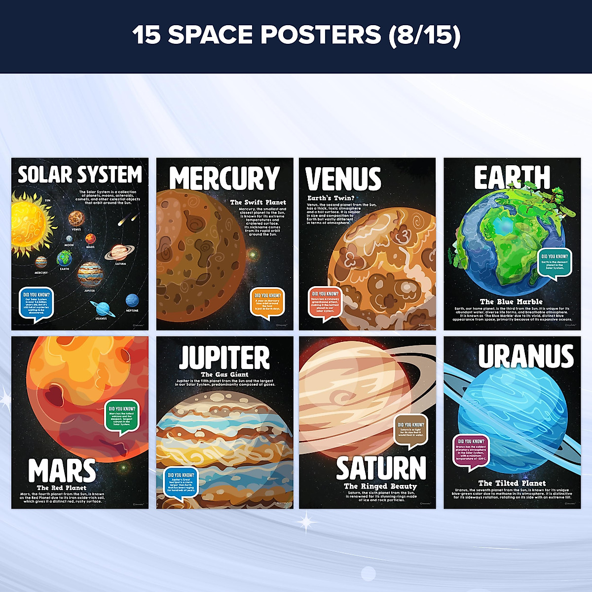 Decorably 15 Space Theme Classroom Decor - 11x14in Space Classroom Decor, Solar System Poster, Space Decorations for Classroom, Space Posters, Outer Space Classroom Decorations, Space Poster