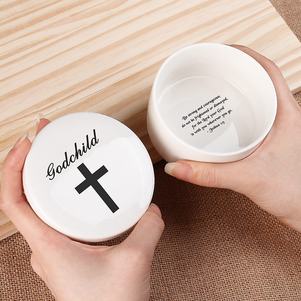 Godchild Baptism/Dedication/Christening Baptism Gift For Boy, Girl from Godparents Precious Moments Boy With Bear Praying Cross Godchild Baptism Baby Shower Joshua 1 9 Be Strong from Godmother