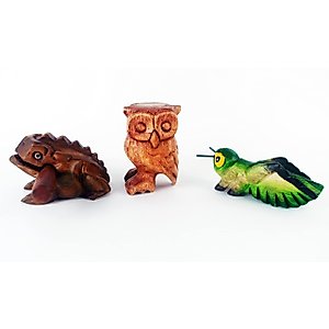 Guiro and Percussion Instruments animal Group Wooden 3 Pieces includes 3 Inch Wooden Frog, 4 Inch Wooden Cricket and 3.5 Inches Wooden Owls.