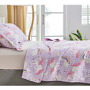 Girls Quilt Bedding Twin Size Bedspread Unicorn Bedding Kids Quilt Bedspread Twin Quilts Girls Bed Set Lightweight Reversible Quilt Girls Bedspread Coverlet Purple Rainbow Unicorn Animal Quilts