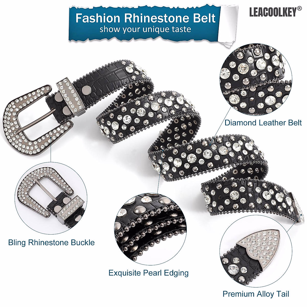 LEACOOLKEY Fashion Rhinestone Belt for Women for Jeans, Western Cowgirl Studded Leather Belt, Ladies Bling Rhinestone Belt, Bling Rhinestone Belt for Women Cowgirl