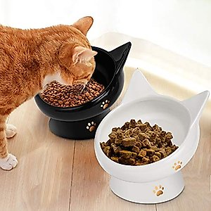 Raised Food Bowls Anti Vomiting,Tilted Elevated Ceramic Bowl for Flat-Faced Cats,Small Dogs,Protect Pet's Spine,Dishwasher Safe,Black and White, 2pcs