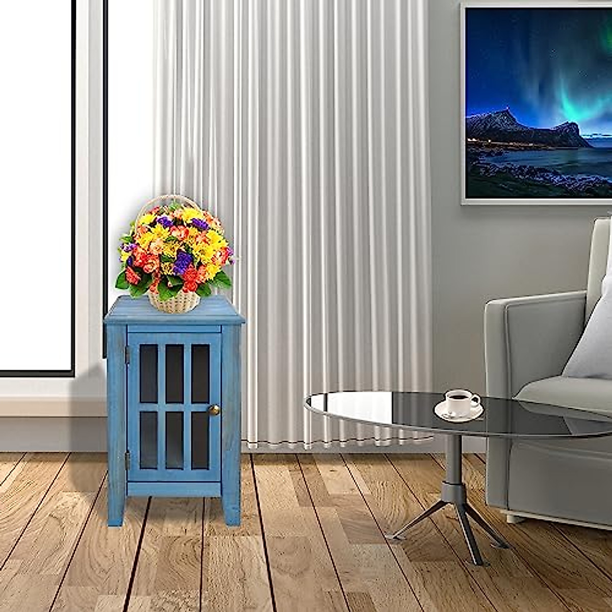 Hoeneo Nightstands Farmhouse Nightstand Bedside Table with Storage, Narrow End Side Table, Strong and Sturdy Easy Assembly Vintage Blue 15.7"X11.8"X19.5"