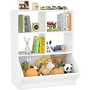 Aheaplus Toy Storage Organizer with Bookcase, 5 Cubby Bookshelf Toy Storage Cabinet, Open Multi-Bins Toys&Books Storage Display Organizer for Playroom, Bedroom, Nursery, School, White