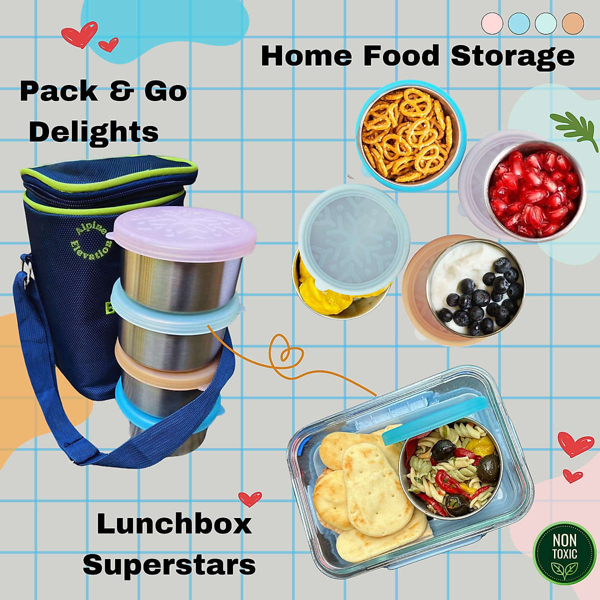 Alpine Elevation 4x7.4oz Stainless Steel Snack Containers with 4 Lids - 8pcs | Metal Food Storage Containers | Dip and Condiment Containers | Stainless Steel Mini Containers