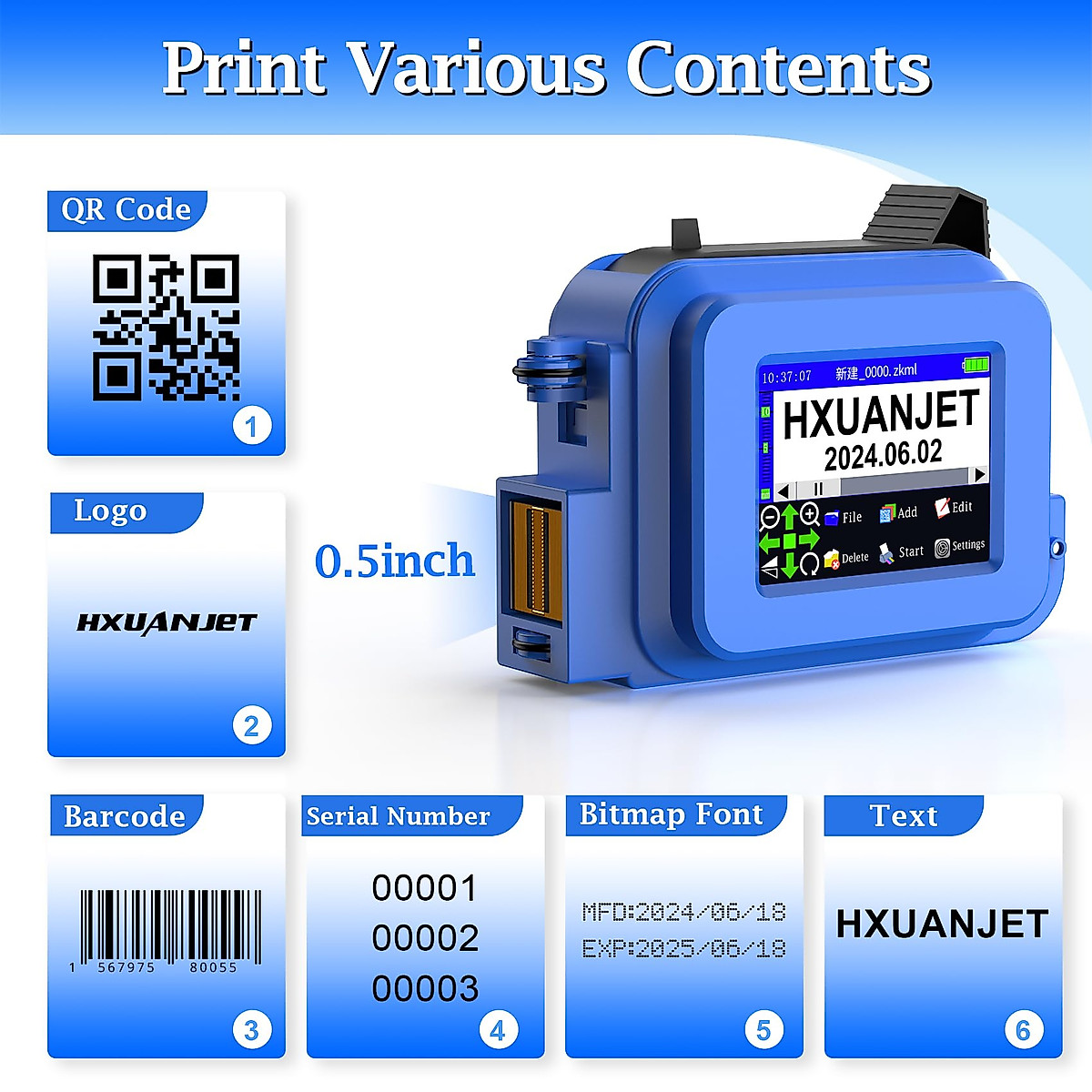 HXUANJET MINI127 Portable Handheld Inkjet Printer,Mini Handheld Printer with Quick-Drying Ink Pocket Inkjet Coding Machine for Logo/QRcode/Barcode/Production Date/Batch Series Number etc