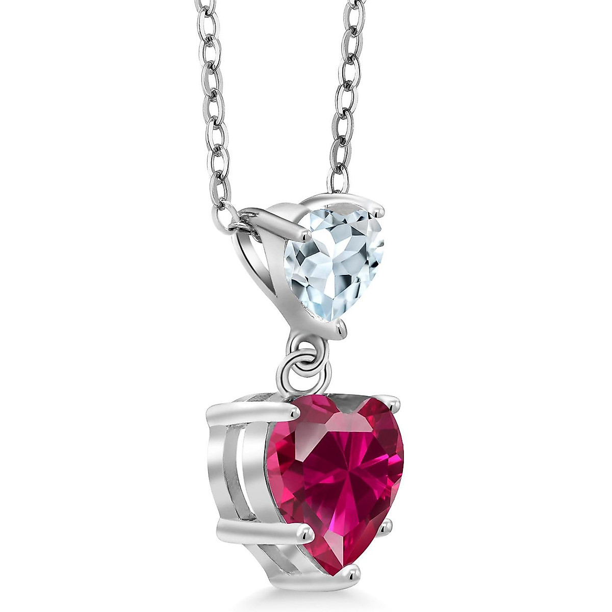 Gem Stone King 925 Sterling Silver Red Created Ruby and Sky Blue Aquamarine Double Heart Pendant Necklace for Women (2.12 Cttw, Heart 8MM and 5MM, with 18 Inch Silver Chain)