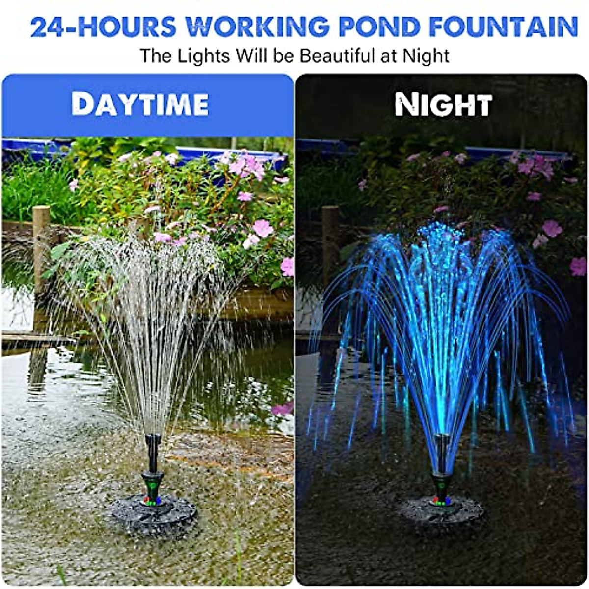 Yzert Pond Fountain Pump with 12 LED Lights, 32.8ft Power Cord Adapter 6W Outdoor Pool Fountains with 2-Tier Floating Water Garden Fountain for Garden Ponds Pool Outdoor Play