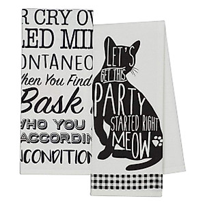 4 Cat Themed Decorative Cotton Kitchen Towels (Includes One with Sayings) | Black and White Towel Set for Dish and Hand Drying